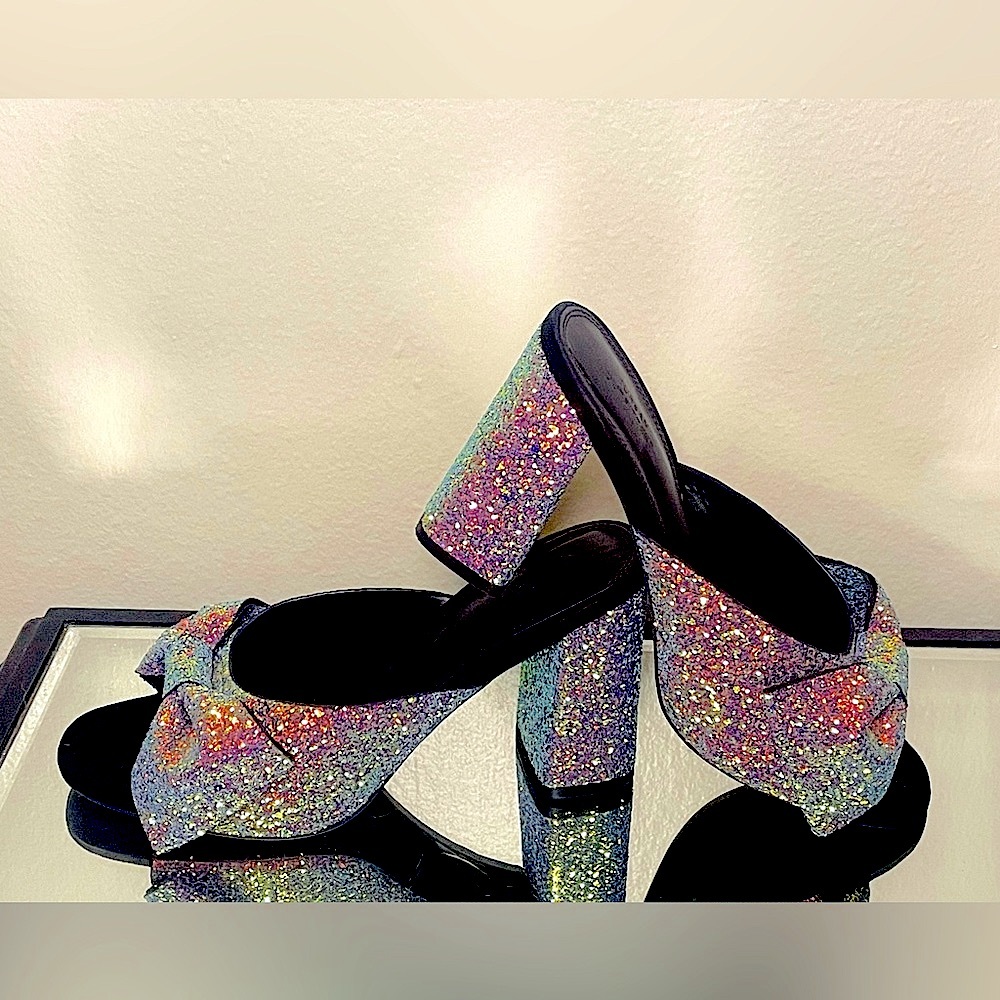 Urban Outfitters Rita Mermaid Glitter Bow Mule Heels … - Gem